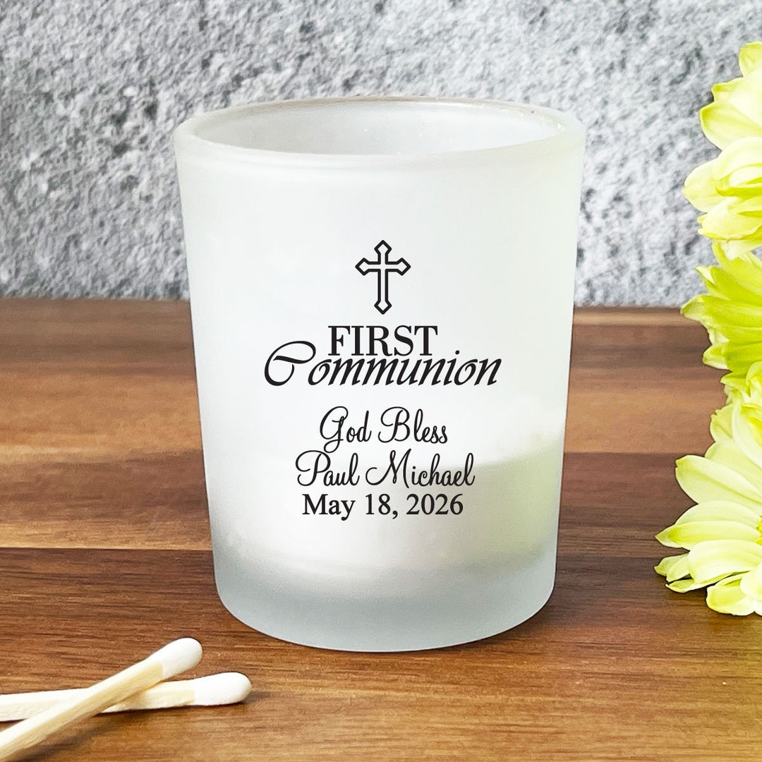 Set of 18 First Communion Cross Personalized Frosted Glass Candle ...