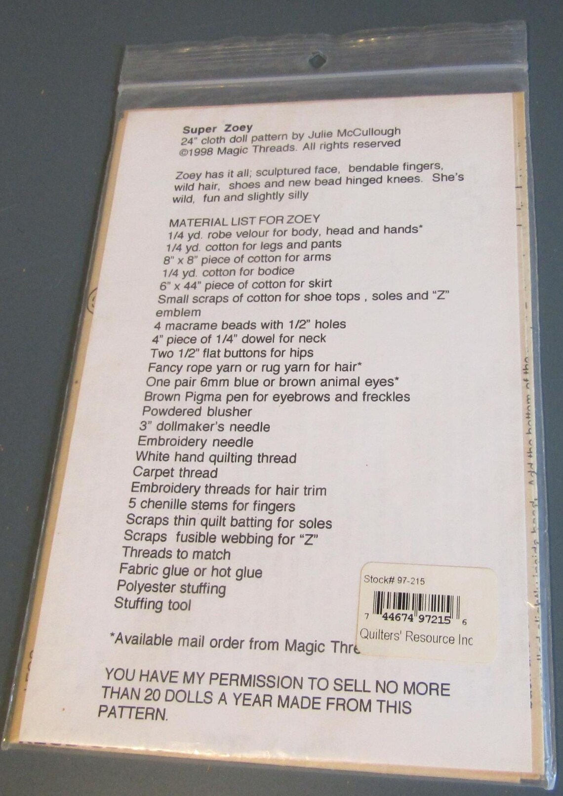Uncut Vintage Magic Threads Art Doll Pattern: Super Zoey 24 Inch - Etsy