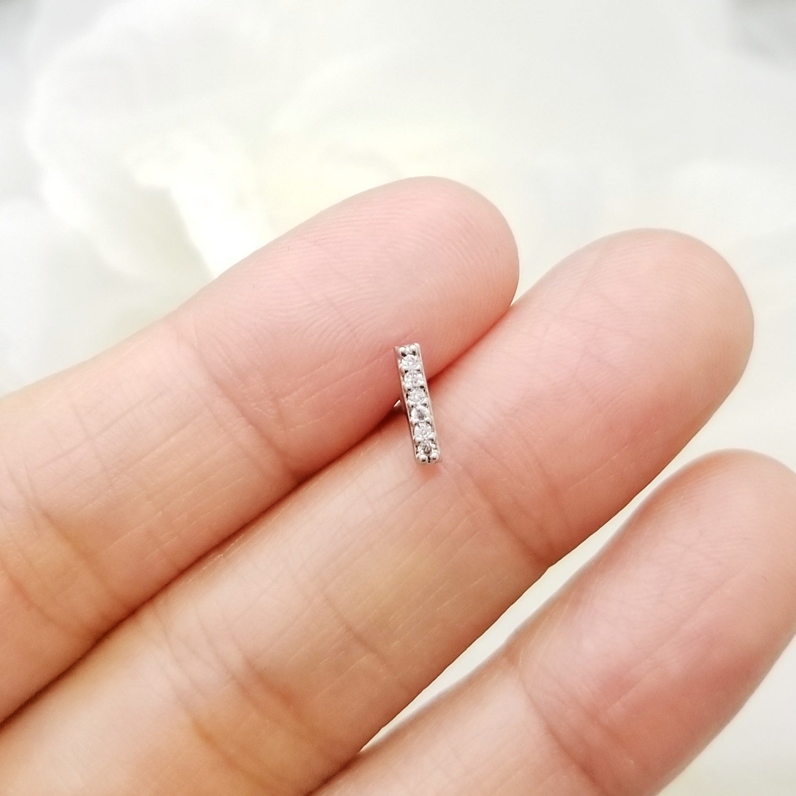 16G Tiny Bar With Crystal Earring Minimal Earring Stud Ear | Etsy