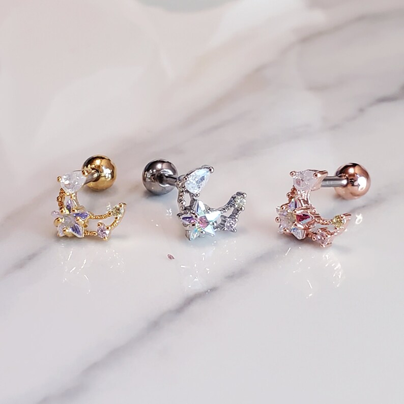 AB Star Moon Cartilage Piercing, Surgical Steel Helix Conch Earring - Etsy