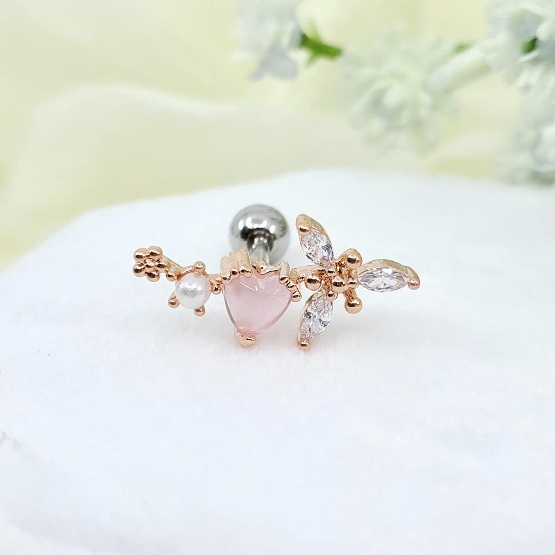 Curved Flower Pink Heart Pearl, Cartilage Helix, Surgical Steel, 16G ...