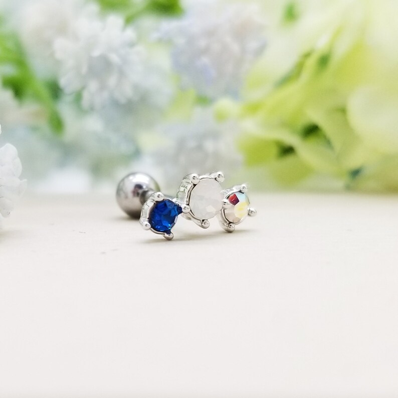 16G Deep Blue, White Moonstone, AB Stone Combo Earring/ Cartilage ...