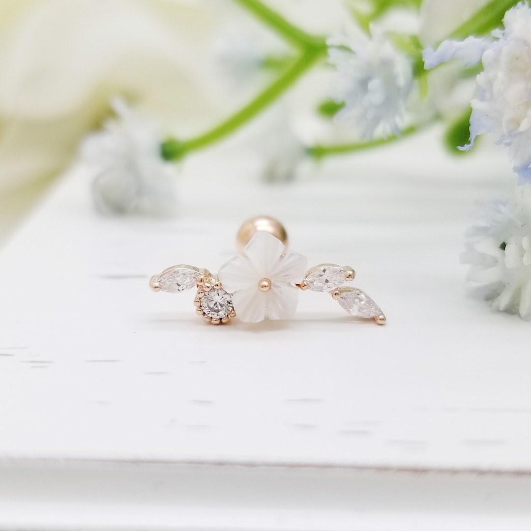 Shell Flower With Leaves Surgical Steel Stud Earring, 16G,20G,21G ...