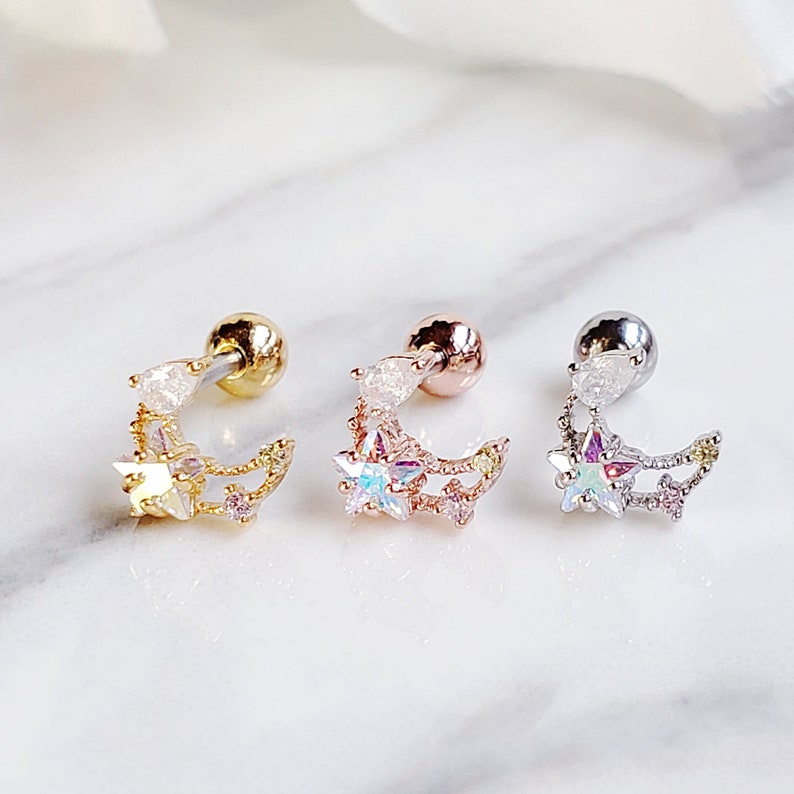 AB Star Moon Cartilage Piercing, Surgical Steel Helix Conch Earring - Etsy