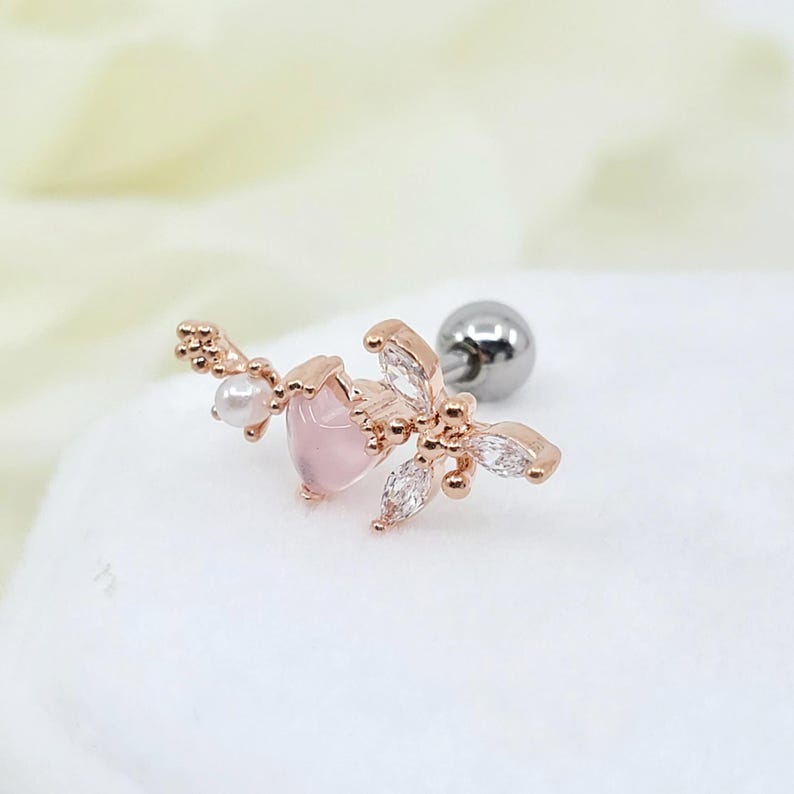 Curved Flower Pink Heart Pearl, Cartilage Helix, Surgical Steel, 16G ...