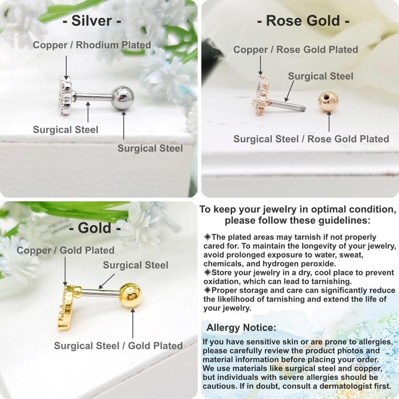 AB Rectangle Stone Surgical Steel Cartilage Earring, Conch, Tragus ...