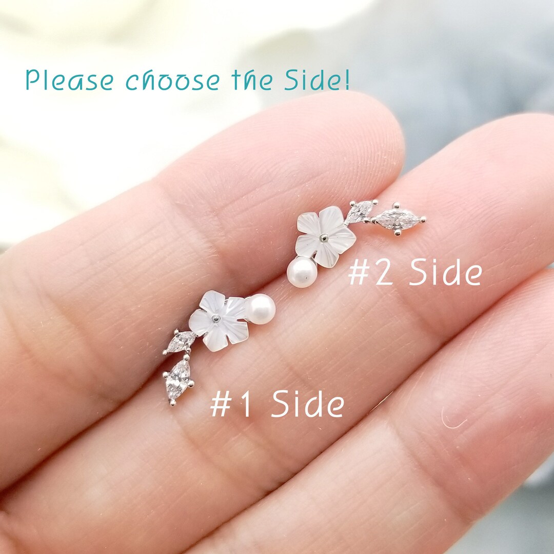 16G Shell Flower and Pearl With Leaves Cubic Zirconia Stud Earring ...