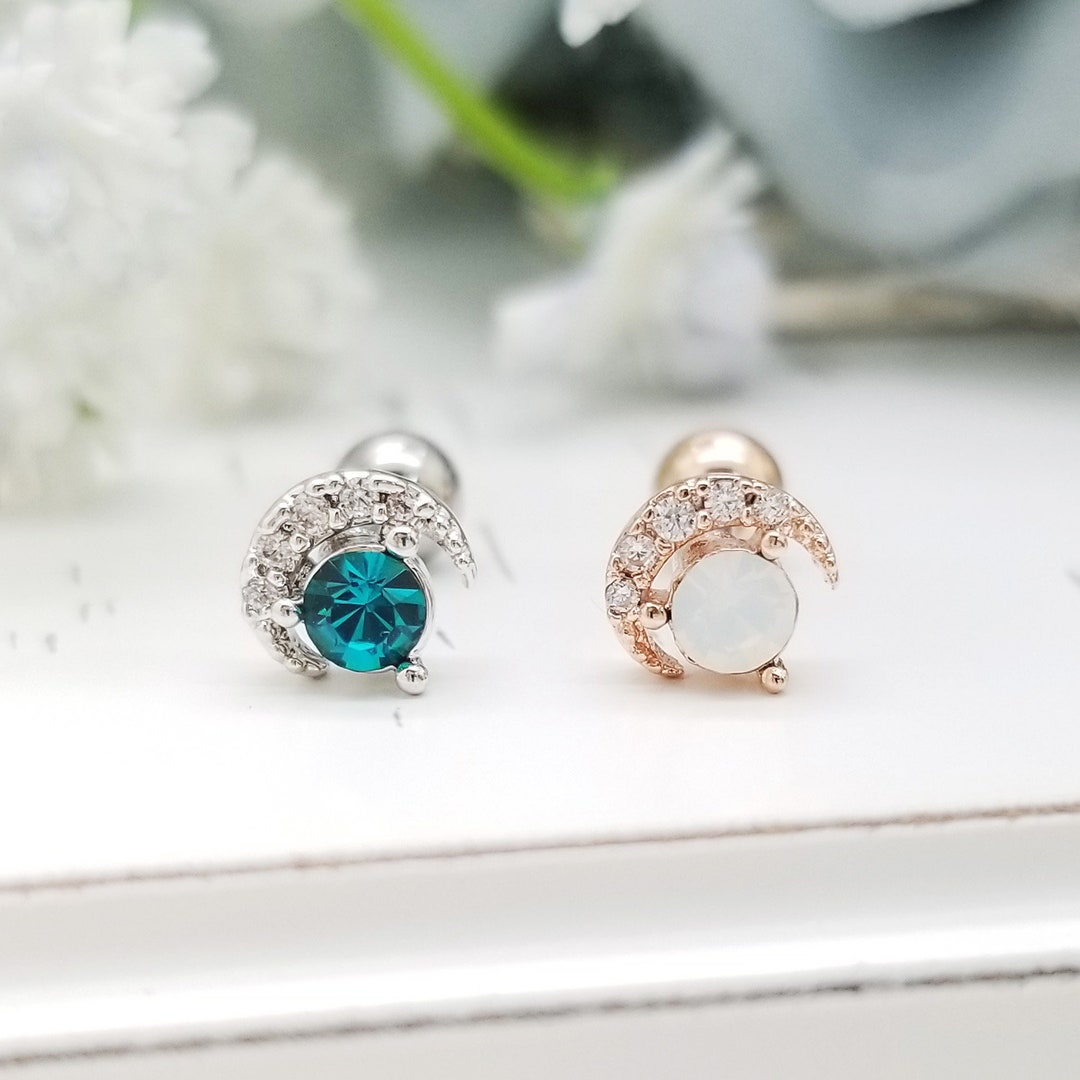 16G Crescent Moon and Stone Surgical Steel Stud Piercing, Cartilage ...