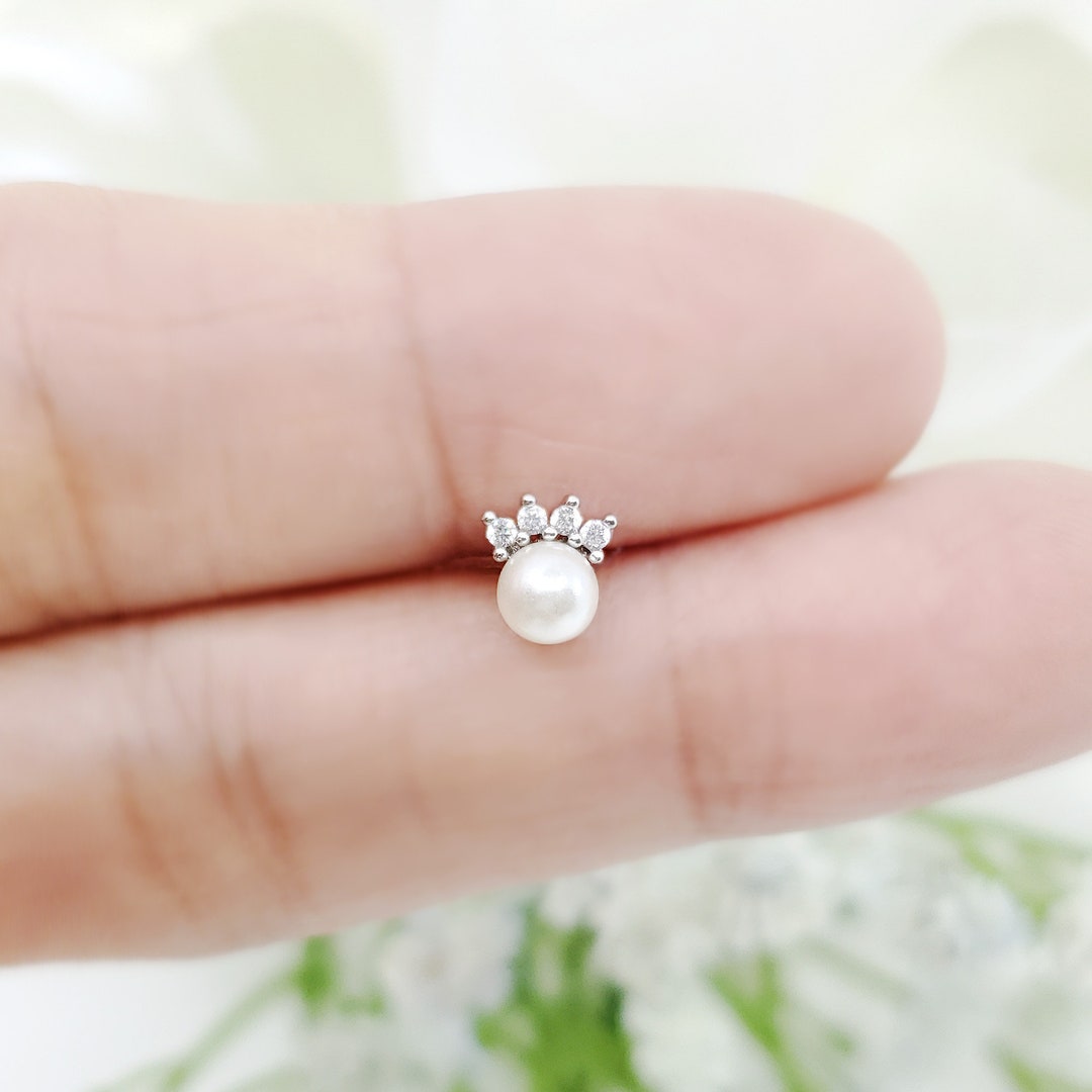 16G 4mm Pearl With Cubic Zirconia Crown Cartilage Earring, Helix, Conch ...