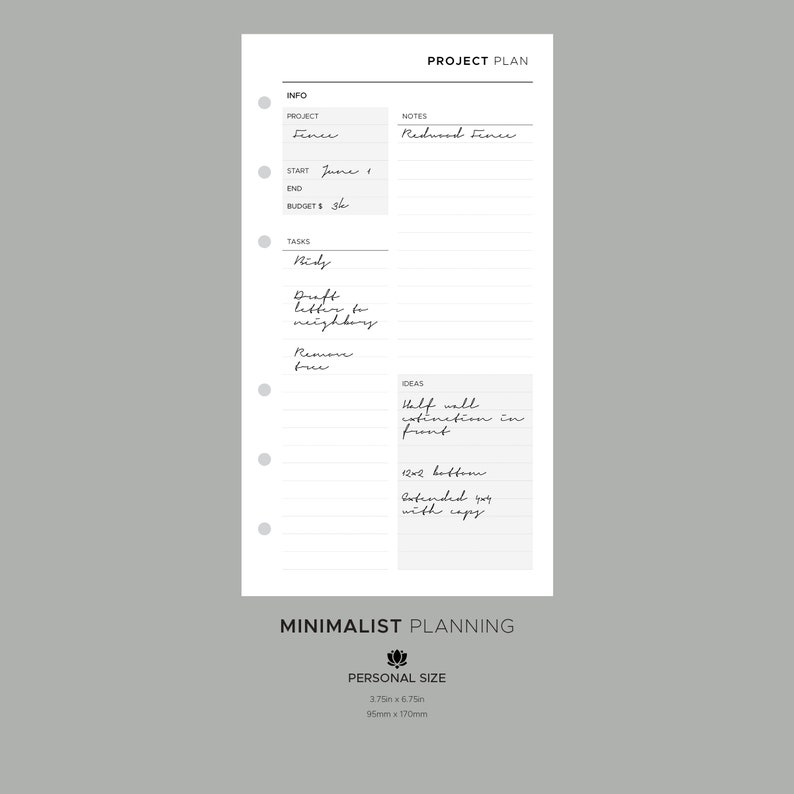 Project Plan Minimalist Planner Insert, Modern Minimal Printable ...