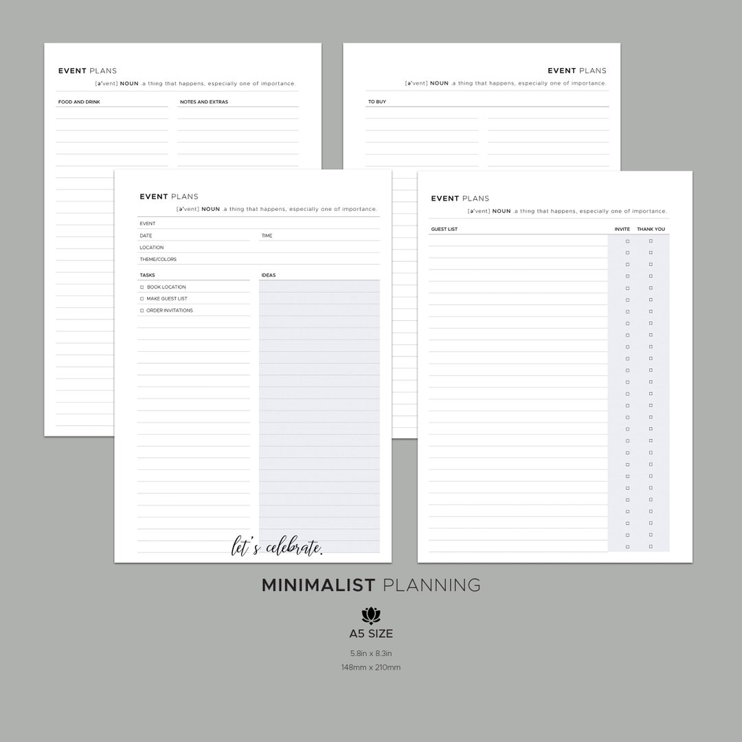 Event Planner Minimalistic A5 SIZE Planner Insert, Modern Minimal ...