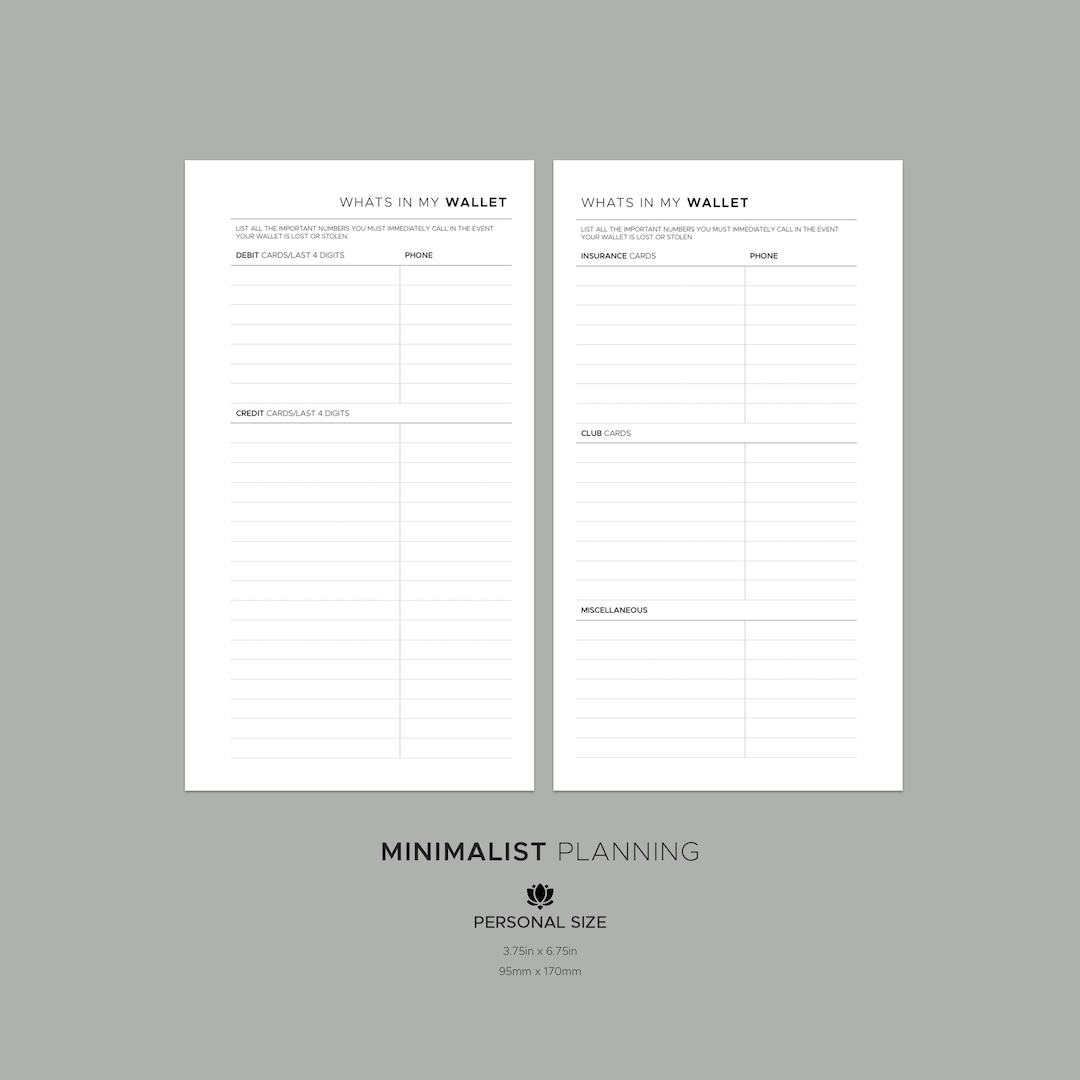 Whats in My Wallet PERSONAL SIZE Planner Insert, Modern Minimal ...