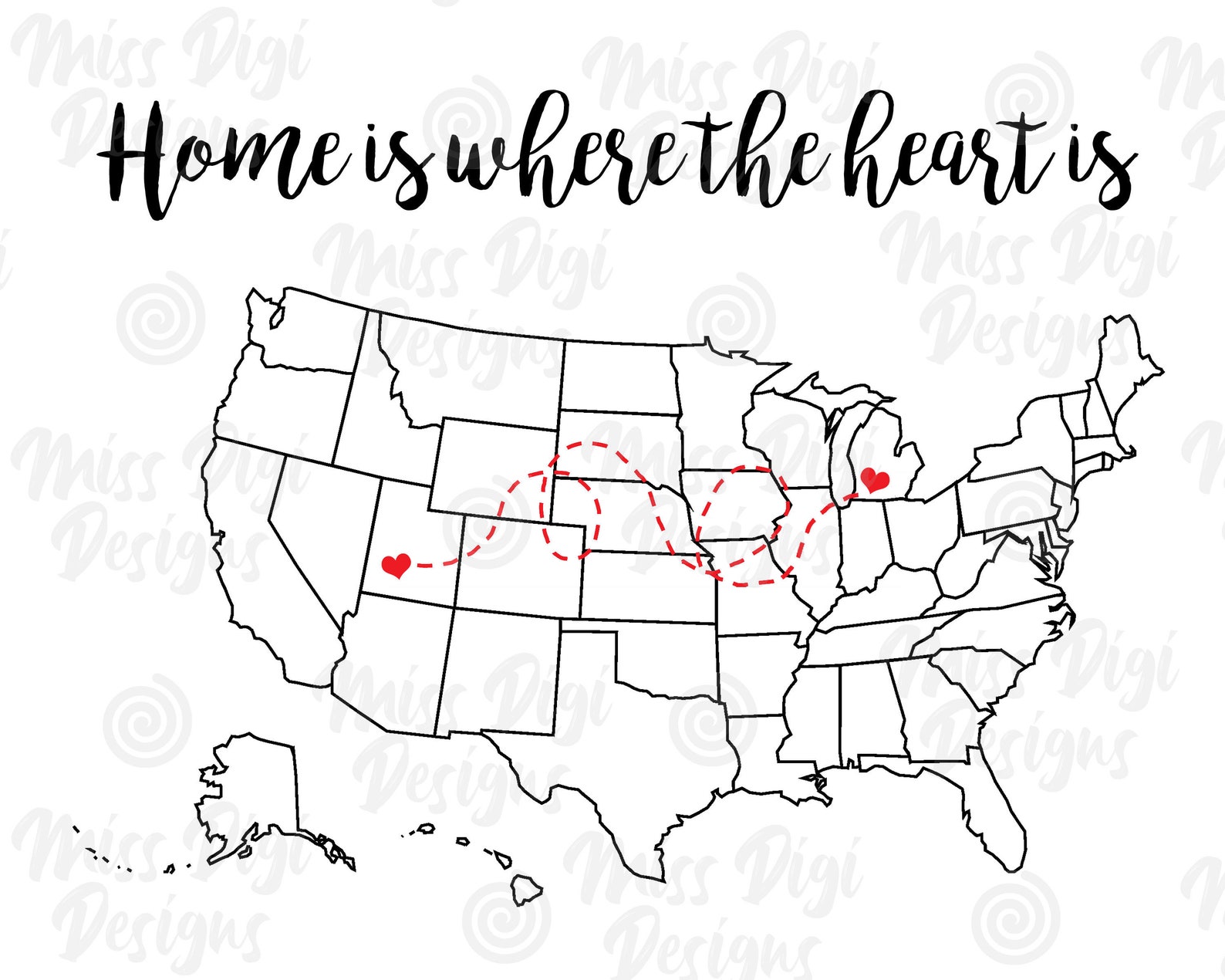 United States Map With Hearts 8x10 Digital Download Printable - Etsy