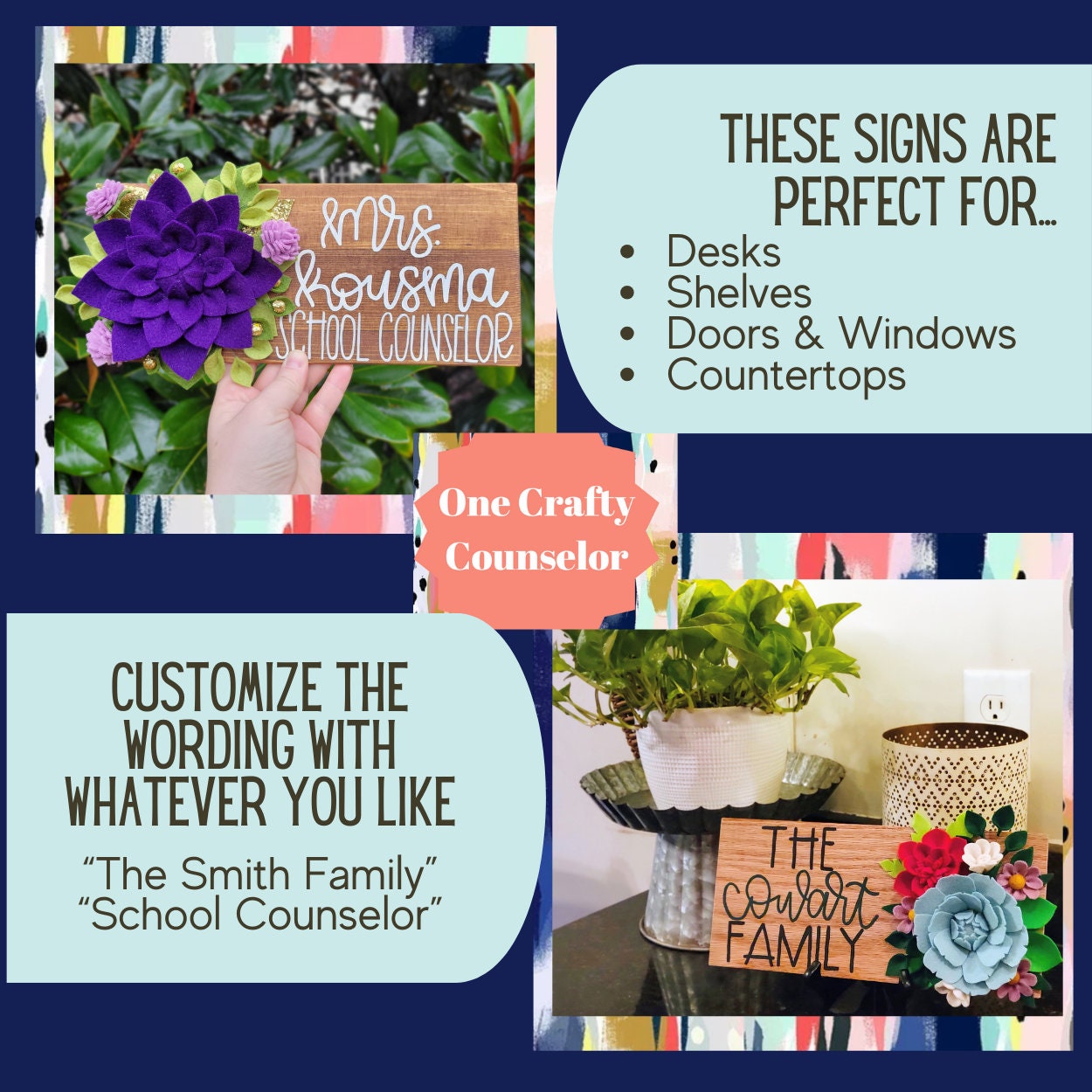 Felt Flower Custom Sign Name Sign for Desk Teacher Wood Sign Flowers ...