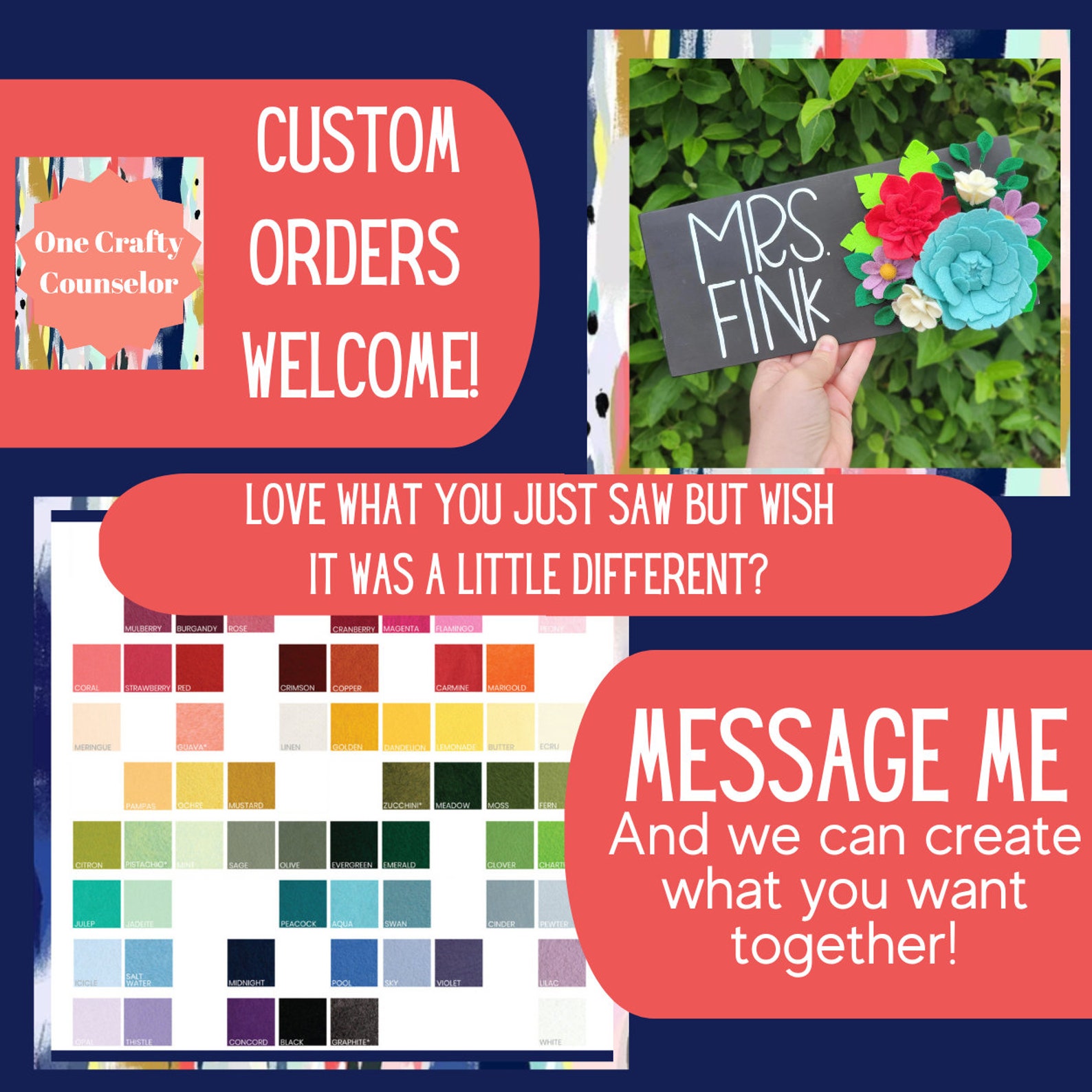 Floral Teacher Classroom Decor Personalized Felt Flower Name Sign Hand ...