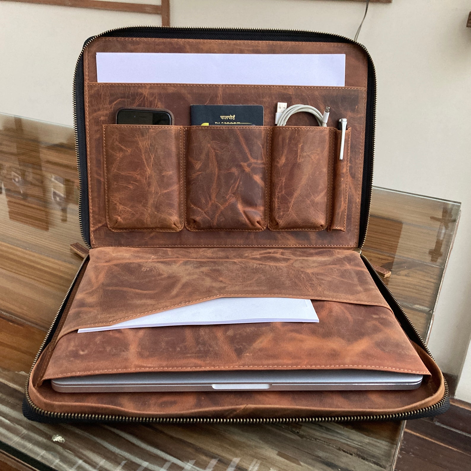Leather Laptop Organizer With Document Pocket for Macbook, HP, Lenovo ...
