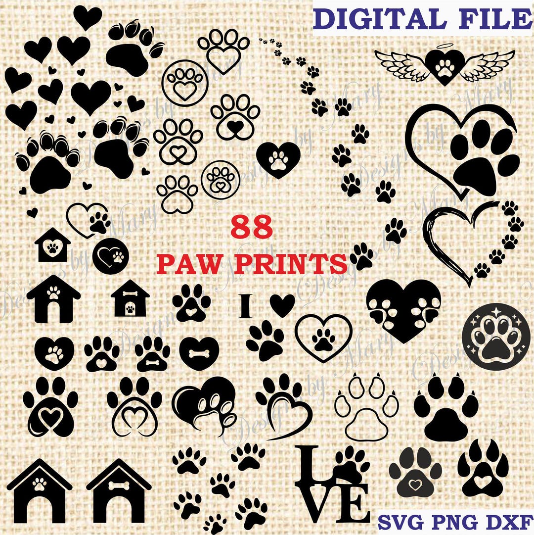 88 Paw Print Bundle Svg, Dog Paw Print Vector Cut File, Cat Paw Print ...