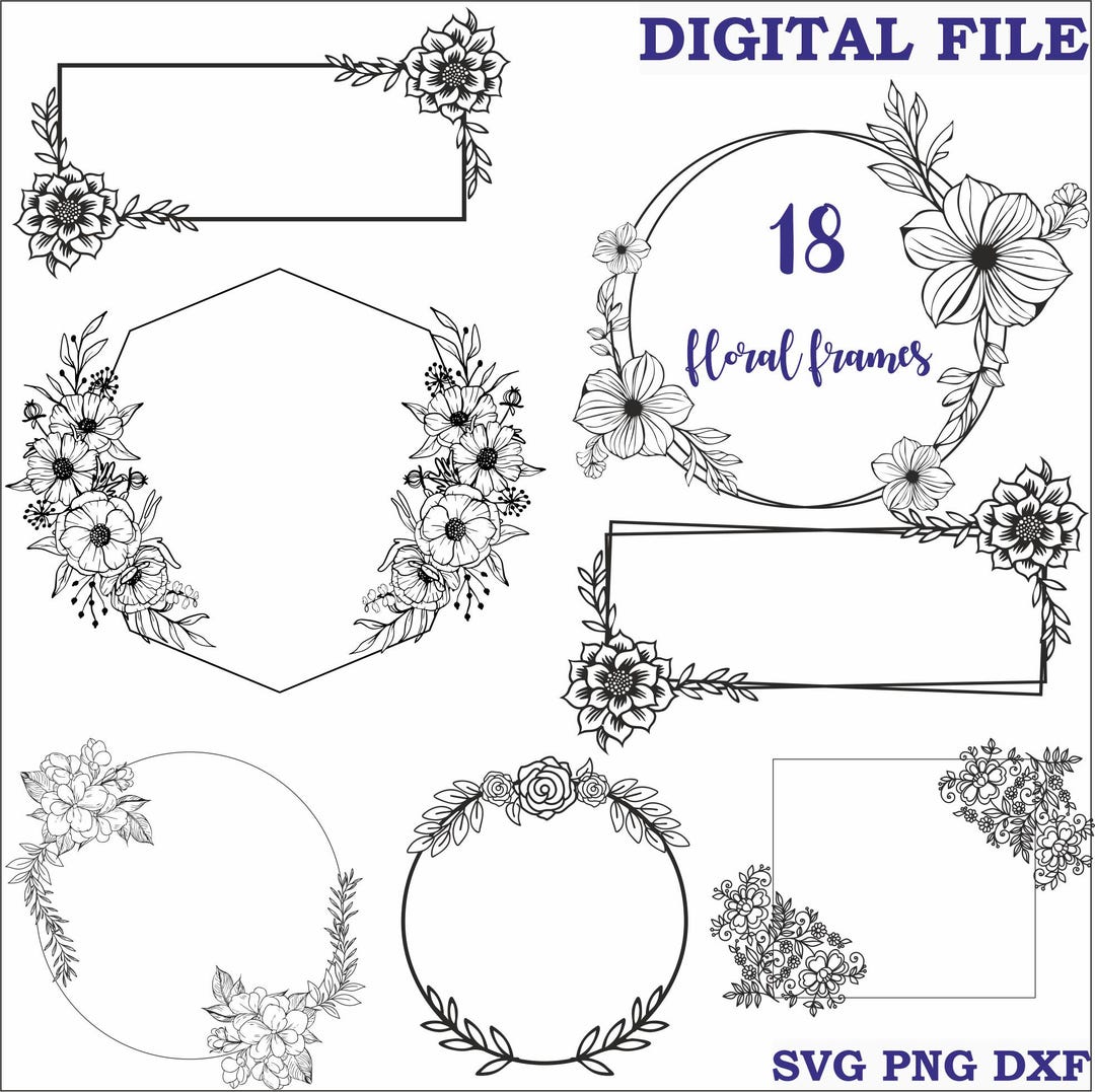18 Flower Frames SVG Floral Border Png Wedding Wreaths for Shirt Cup ...