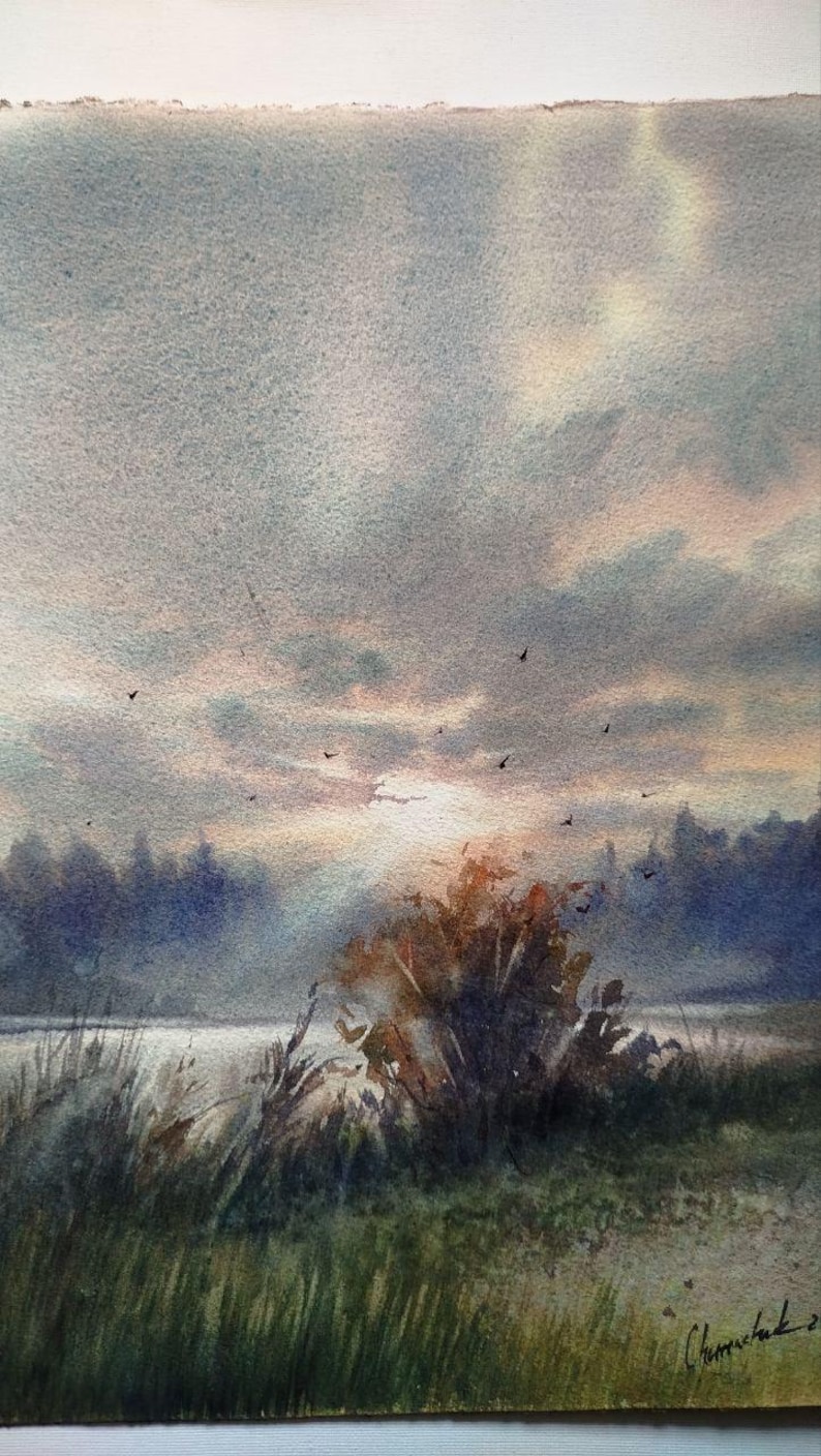 Original Dawn River Watercolor Painting, Foggy Landscape Art - Etsy