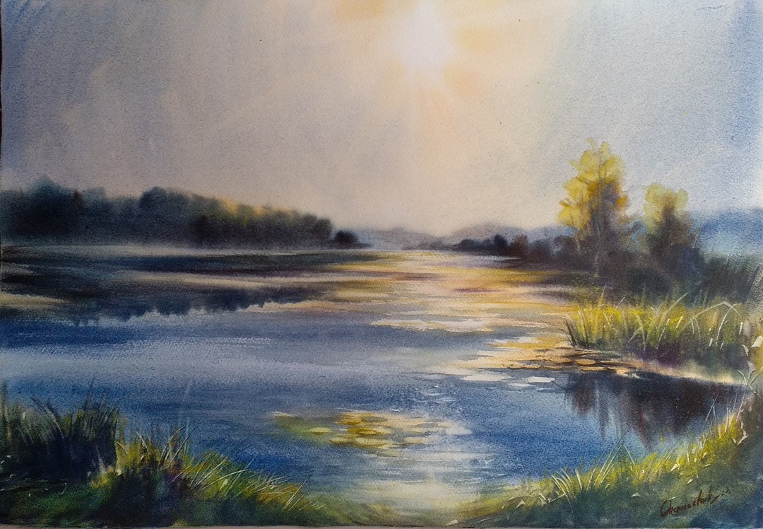 Original Large Watercolor Painting Dawn Early Morninggolden Water Blue ...