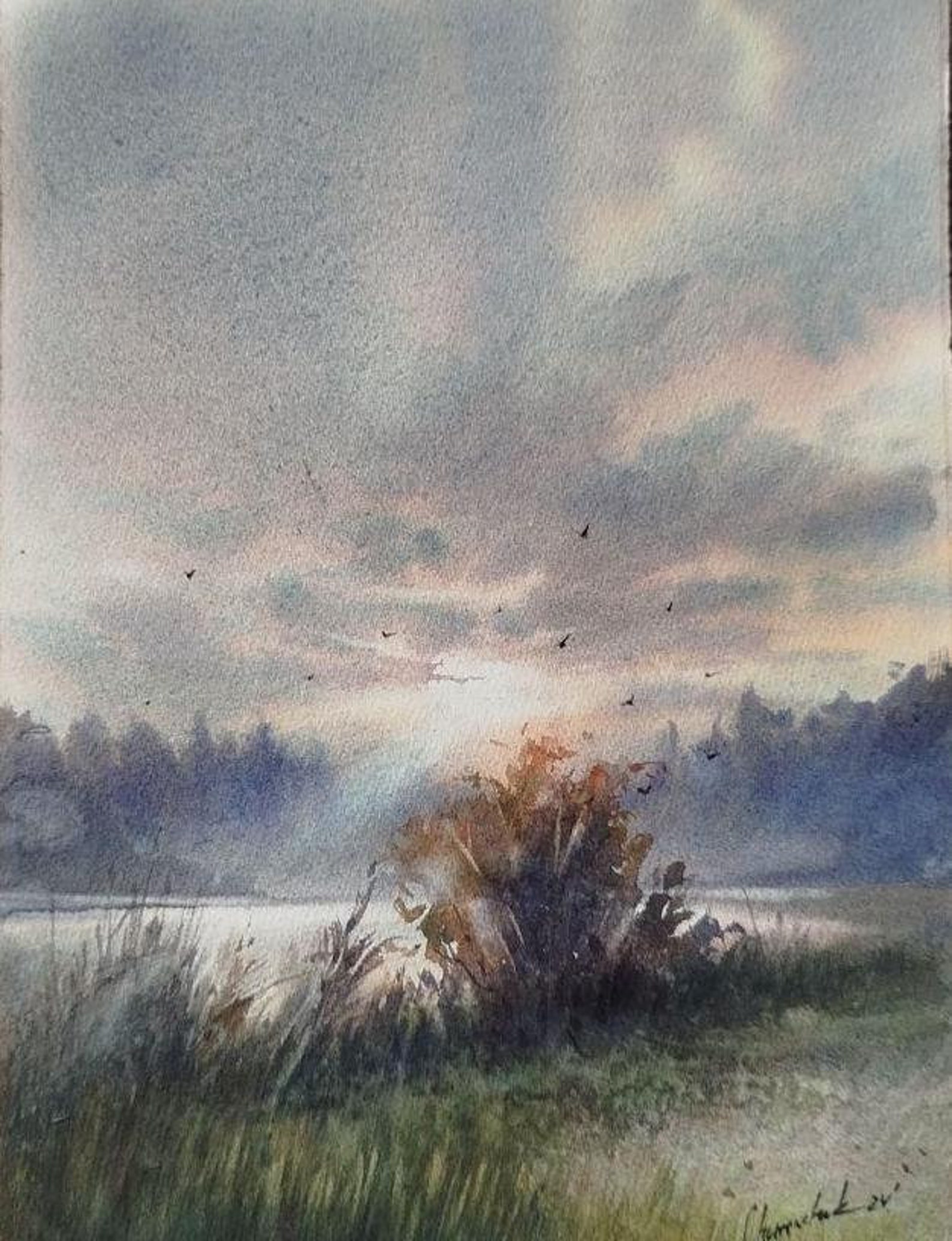 Original Dawn River Watercolor Painting, Foggy Landscape Art - Etsy