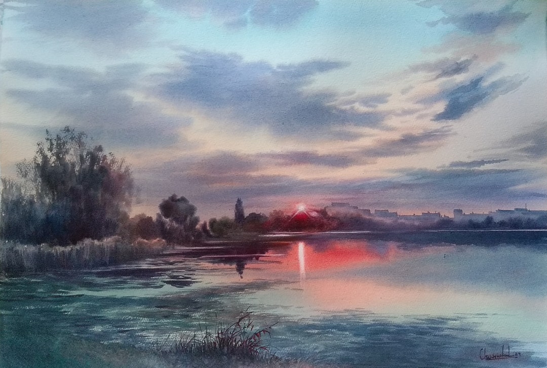 Original Watercolor Painting, River Dawn Golden Hour Nature Art (14 ...