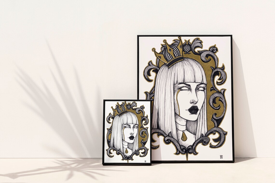 Queen, Gold Queen, Traditional Illustration Print, Wall Art Gift, A4 ...