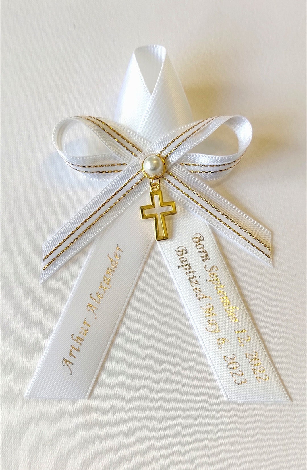 10 Pcs Personalized Martyrika Baptism White Ribbon Gold Edges Witness ...