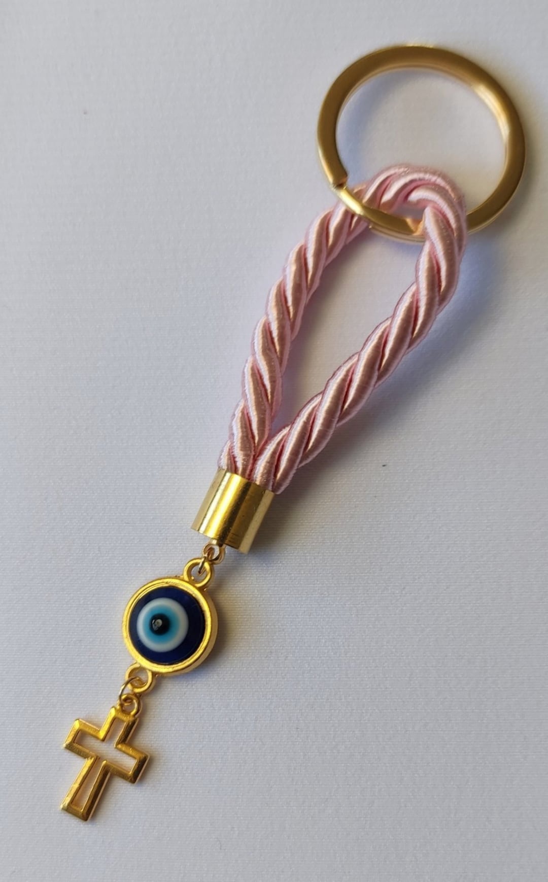 10 Pcs Baptism Favors, Gold Plated Key Ring - Pink Rope - Hollow Cross ...