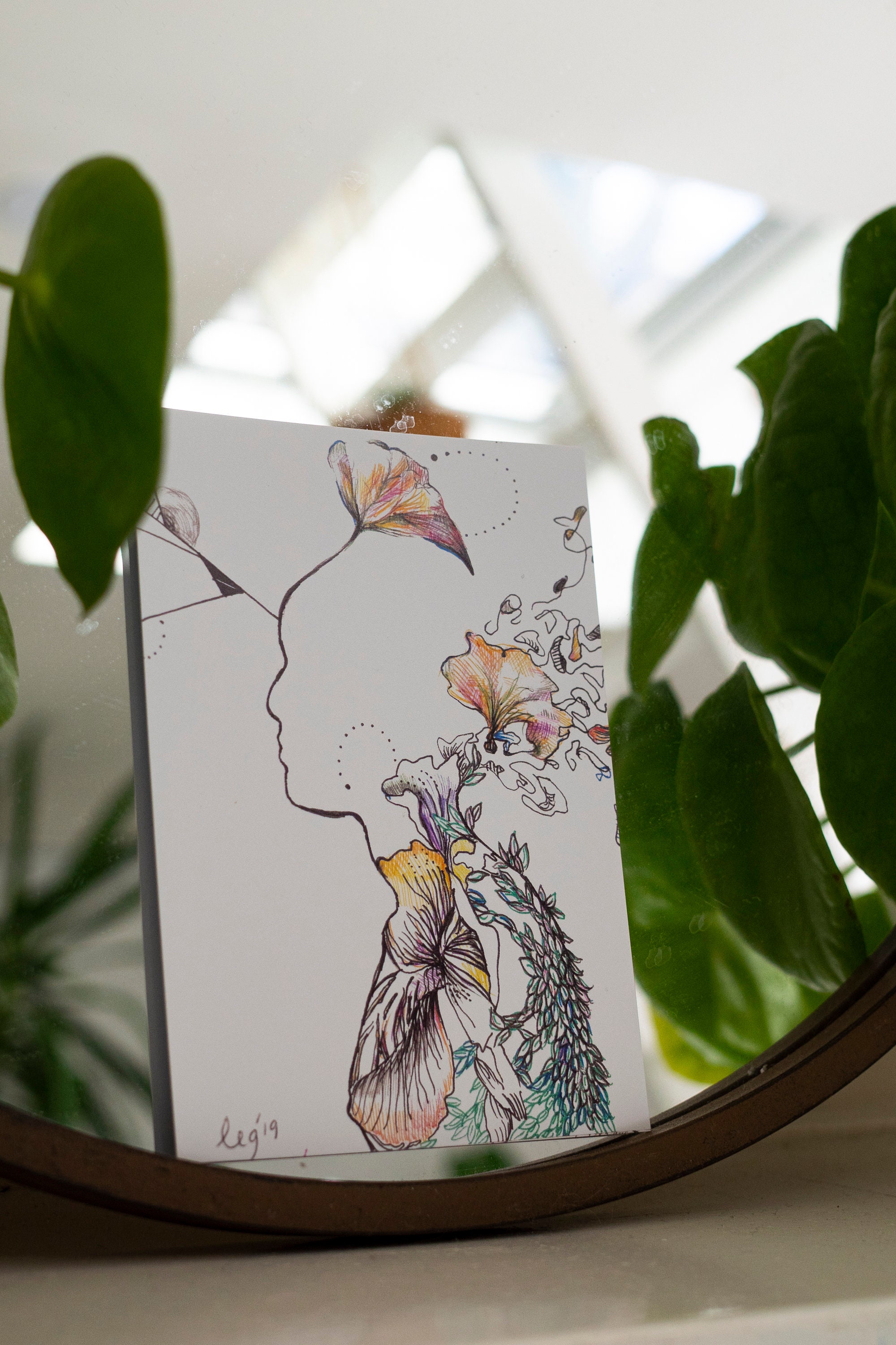 Botanical Woman Art Postcard | Handmade Flower Line Drawing - Etsy