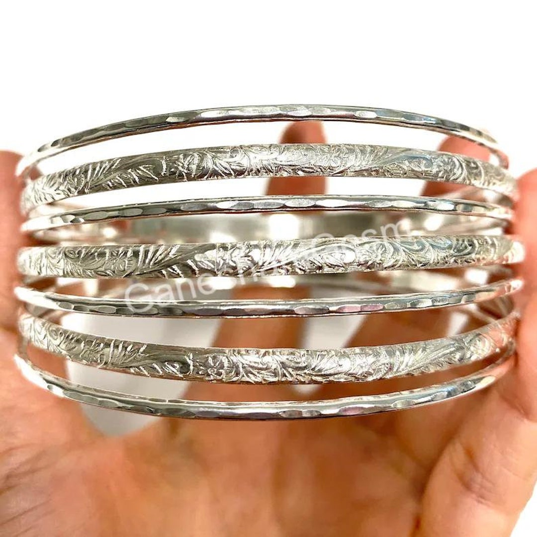 Silver Stacking Bangles, Designer Bangles, Set of 7 Bangles, 925 Sterling Silver Bangles ...