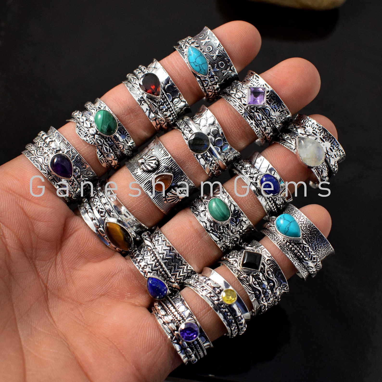 Wholesale Natural Multi Gemstone Spinner Ring, 925 Silver Plated ...