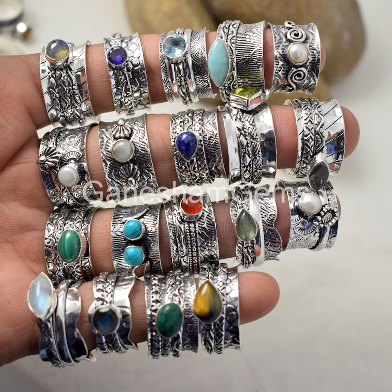 Wholesale Natural Multi Gemstone Spinner Ring, 925 Silver Plated ...