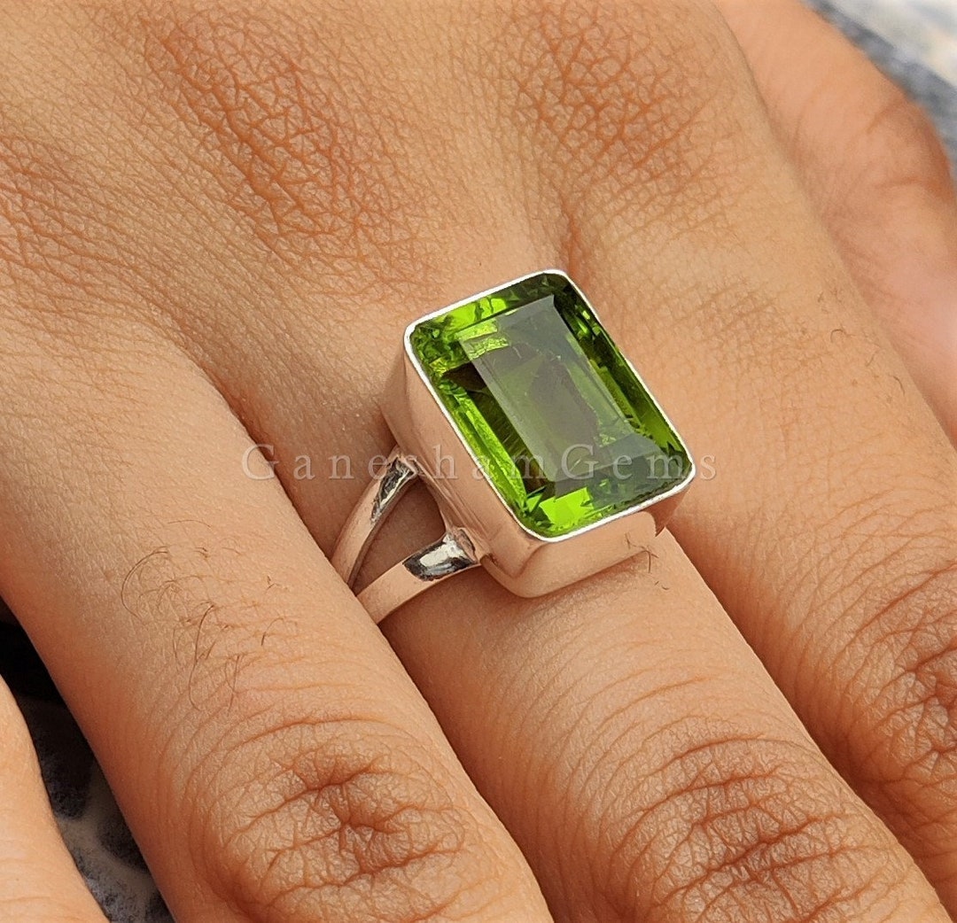 Natural Peridot Gemstone Silver Ring, Rectangle Stone Ring, 925 ...
