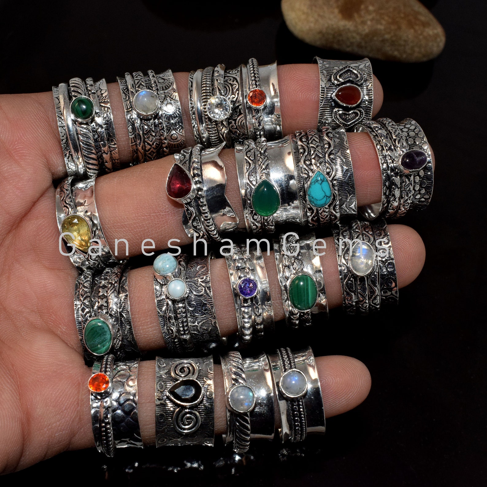 Wholesale Natural Multi Gemstone Spinner Ring, 925 Silver Plated ...