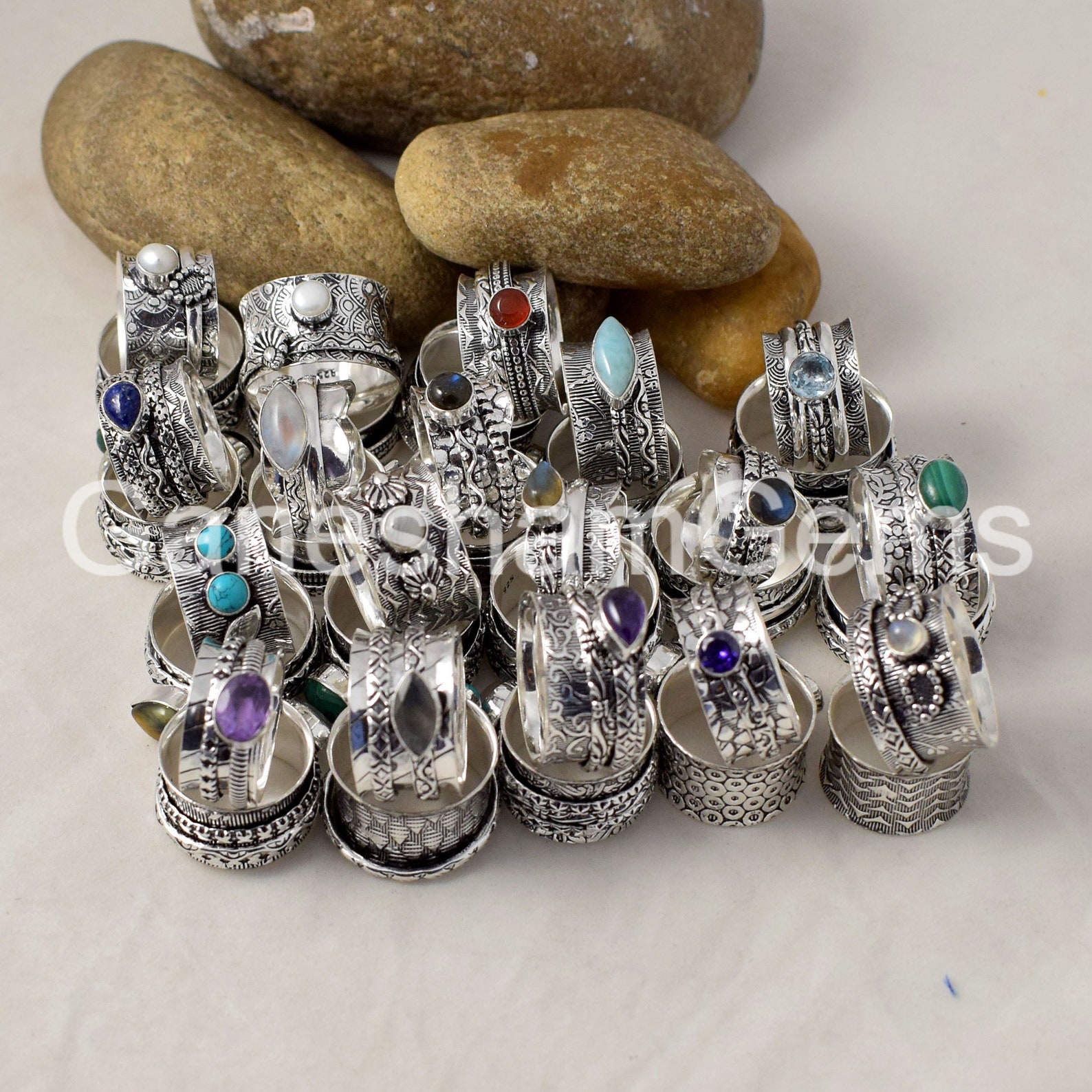 Wholesale Natural Multi Gemstone Spinner Ring, 925 Silver Plated ...