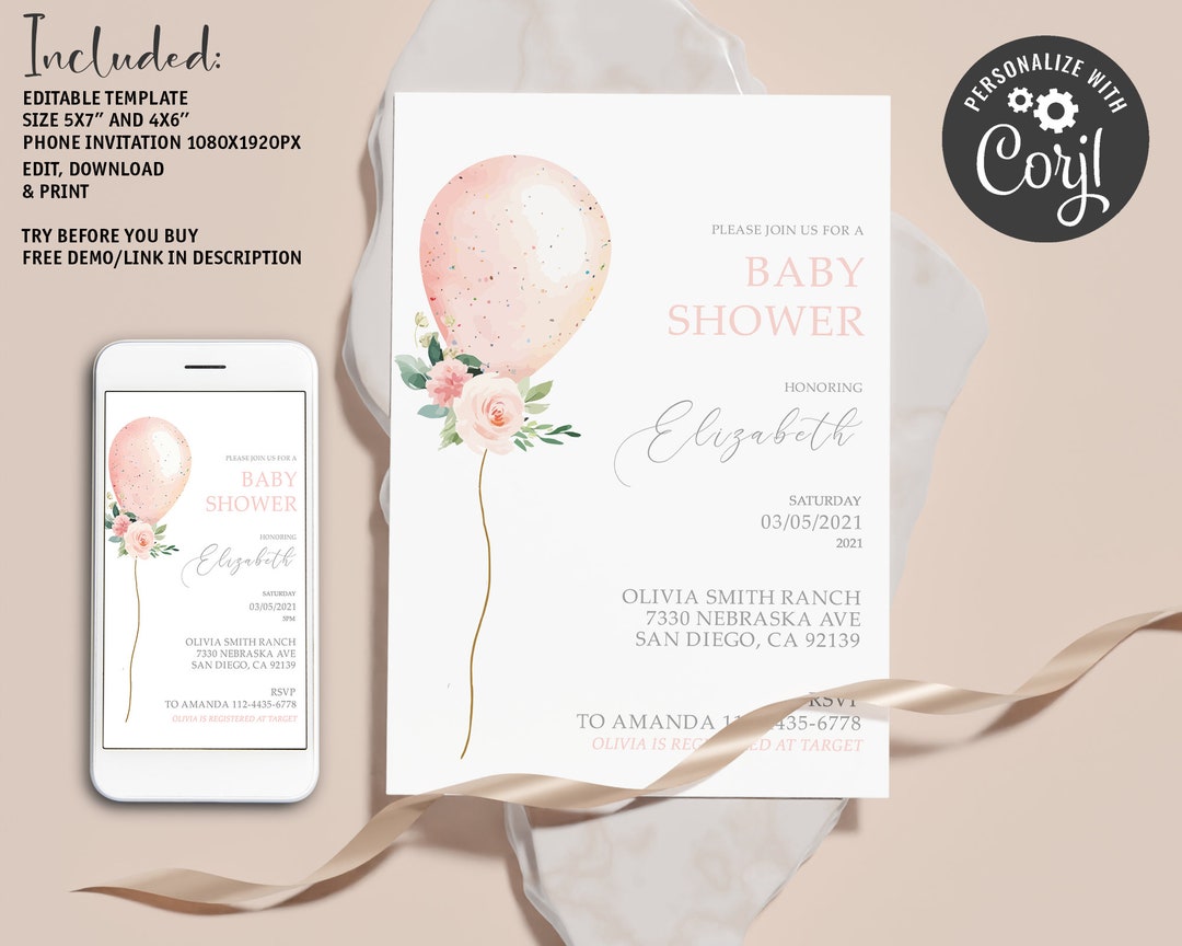 Editable Hello Baby Pink Balloon, Baby Shower Invitation, Rose Gold ...