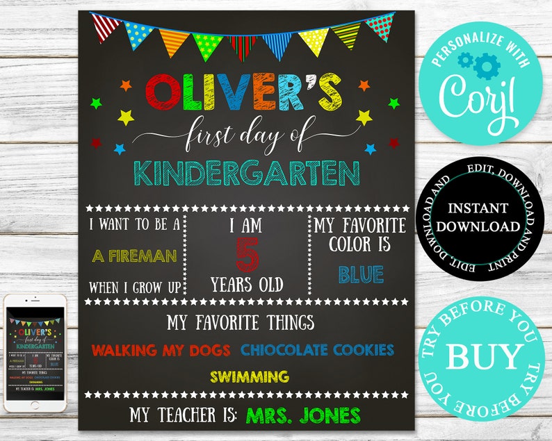 Editable First Day of School Sign First Day of Kindergarten - Etsy