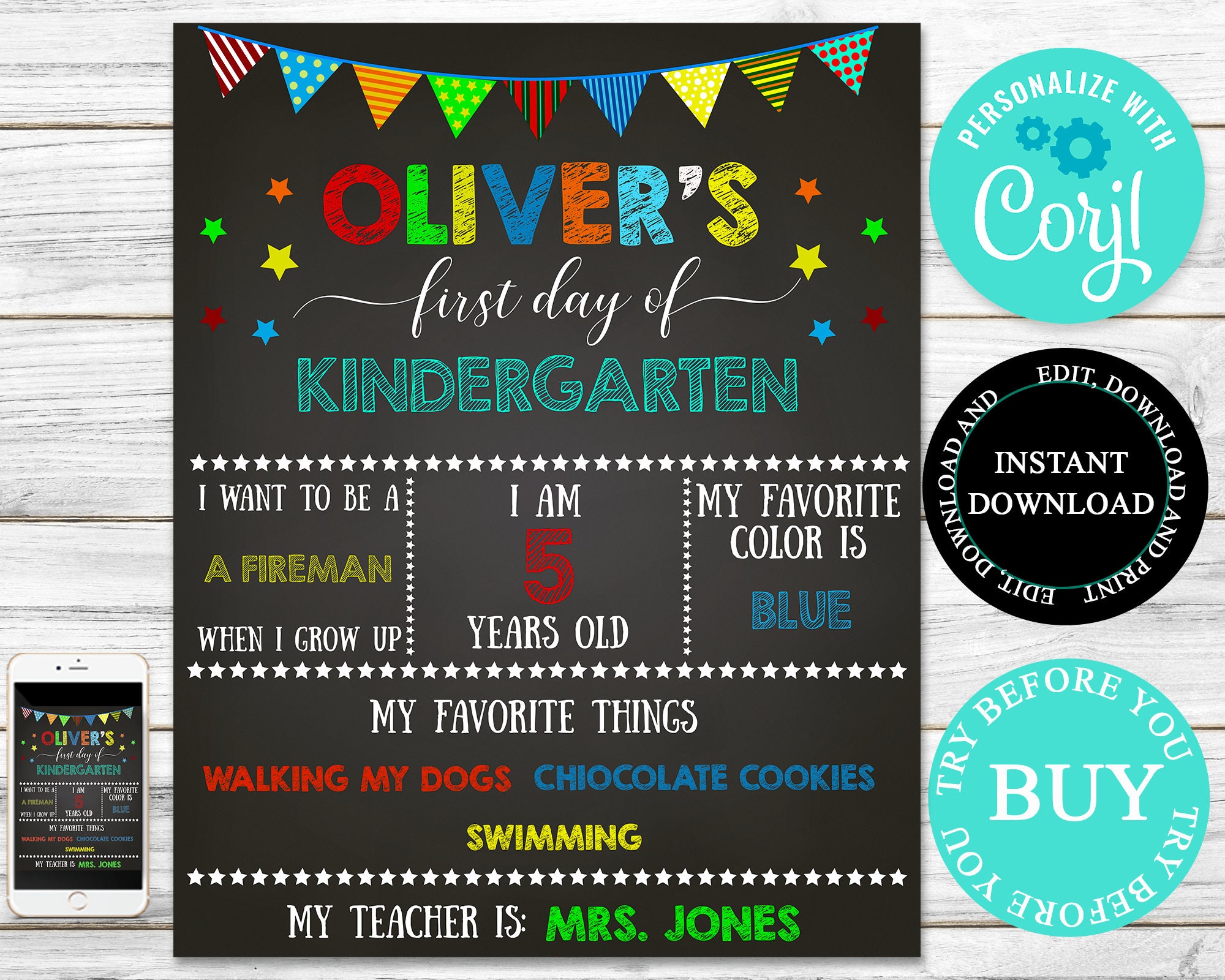 Editable First Day of School Sign First Day of Kindergarten - Etsy