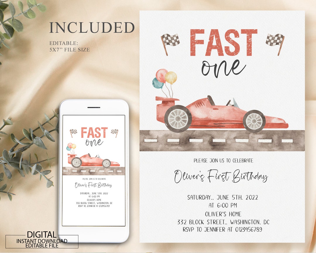 Editable Fast One Birthday Invitation Printable, First Birthday Invite ...