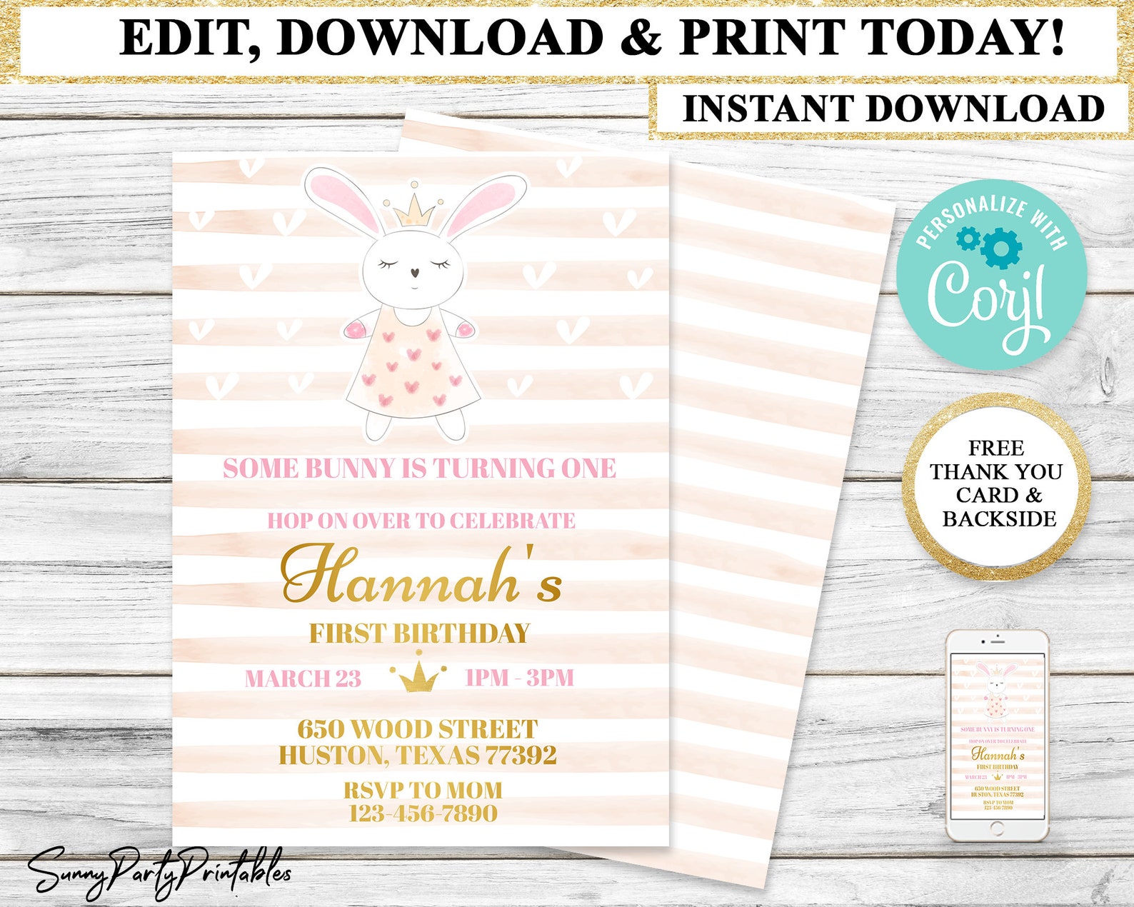 Instant Download Template, Editable Bunny Birthday Invitation, Some ...