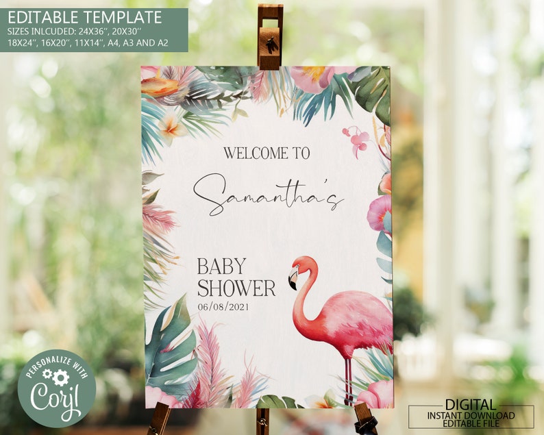 Editable Flamingo Welcome Sign Printable, Greenery Baby Shower Sign ...