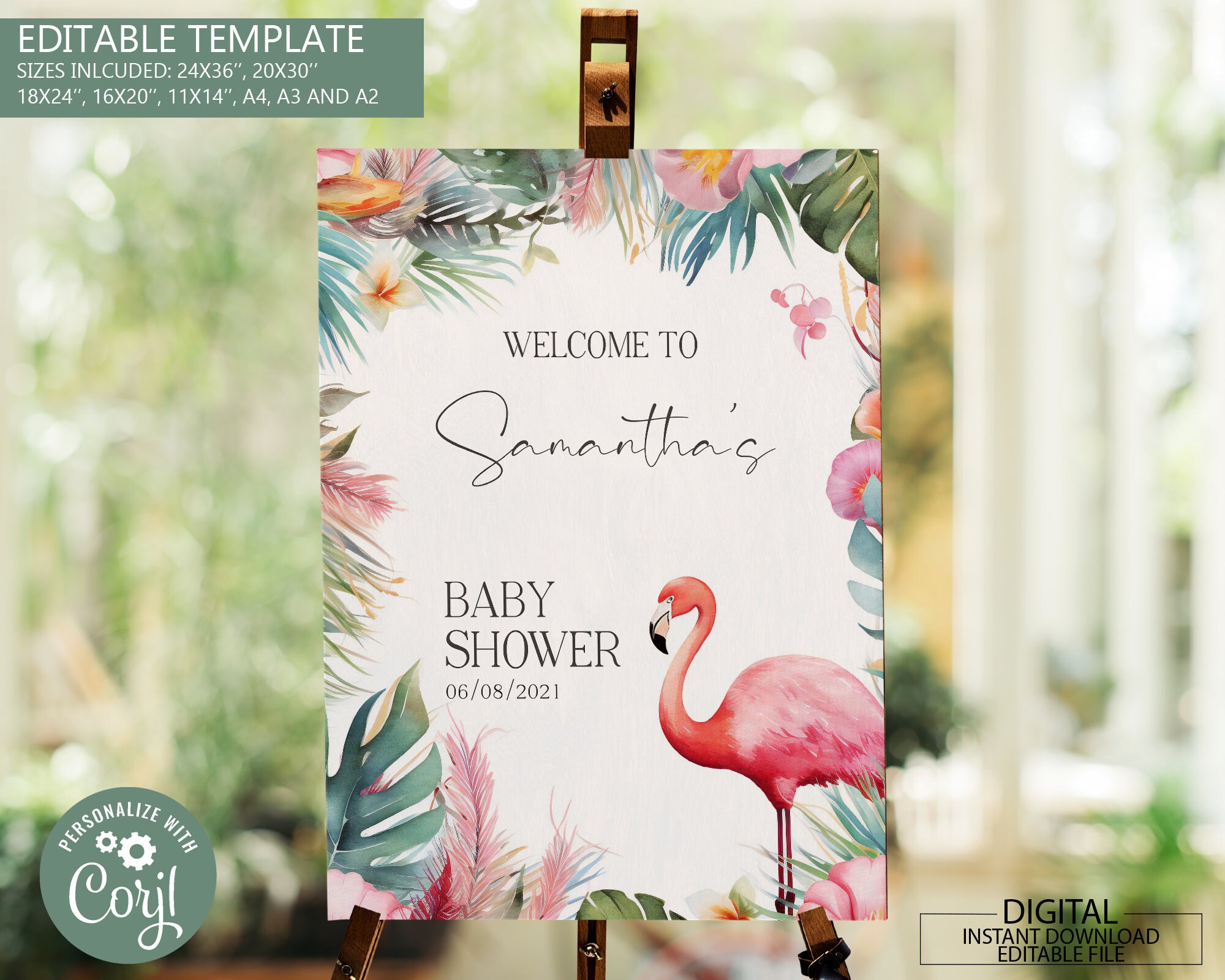 Editable Flamingo Welcome Sign Printable, Greenery Baby Shower Sign ...