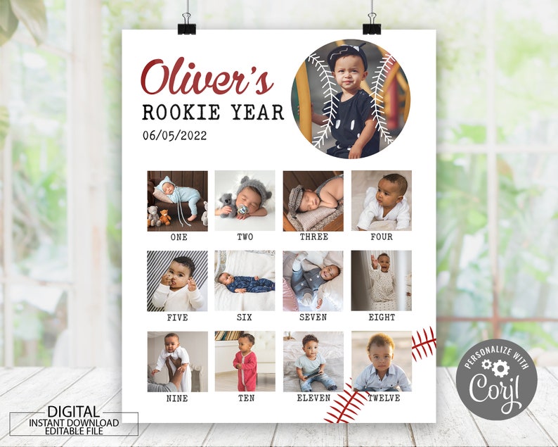 Editable First Birthday Rookie Sign, Photo Birthday Poster, One Year ...