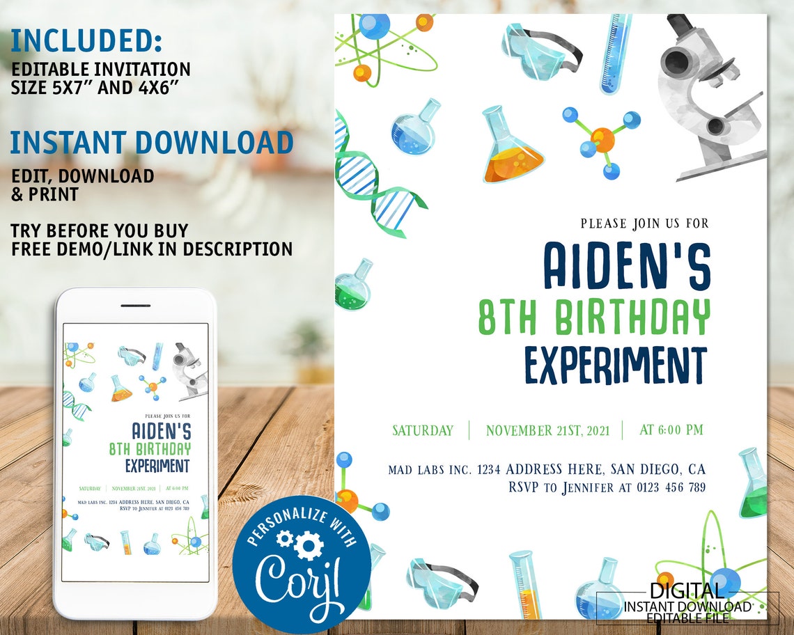 Editable Science Birthday Invitation Boy Experiment Birthday Party ...