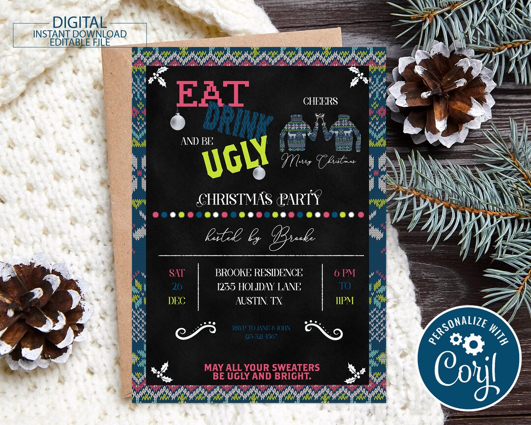 Editable Ugly Sweater Christmas Invitation, Holiday Dinner Invite ...
