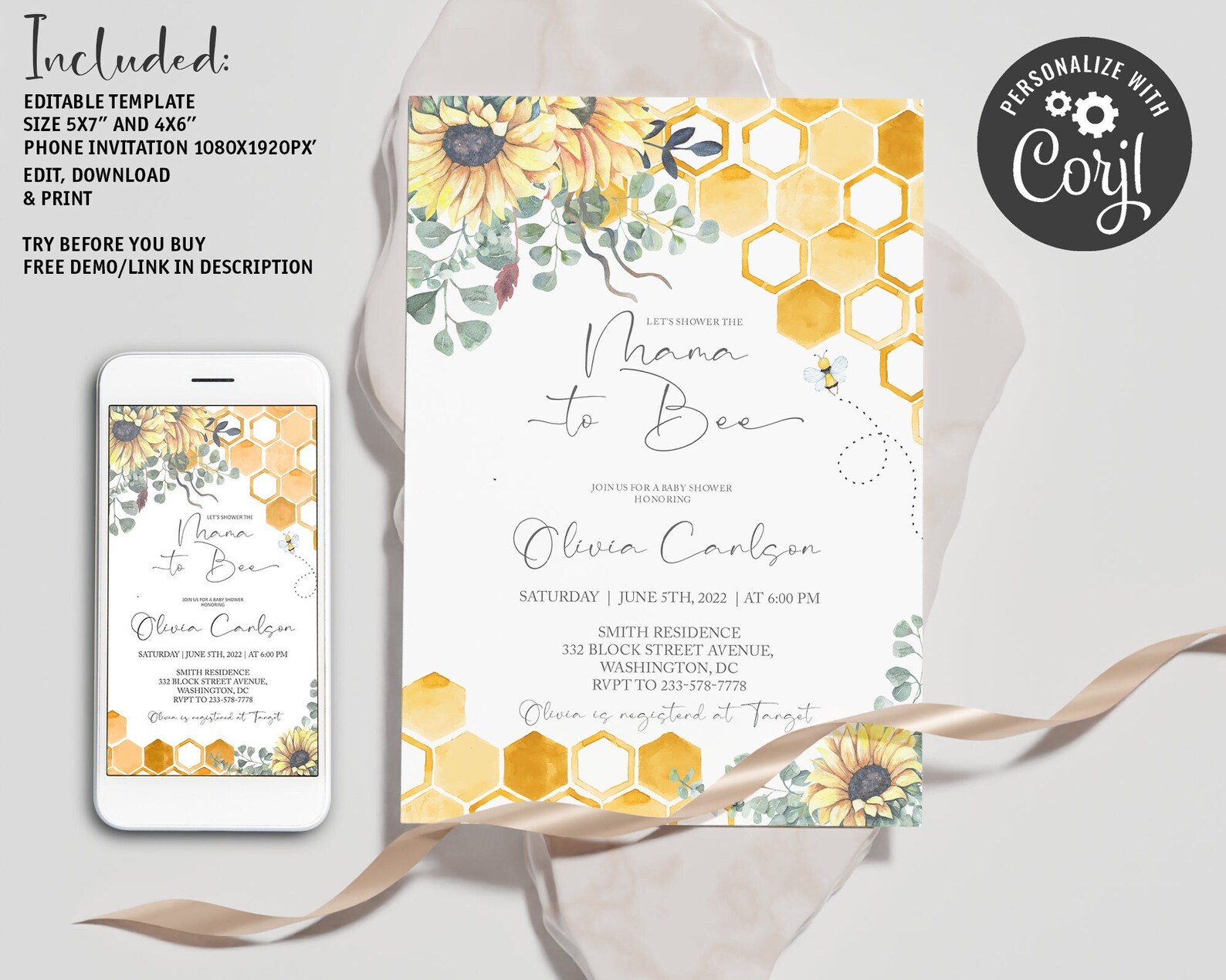 Editable Bee Baby Shower Invitation Honeycomb Mama to Bee - Etsy