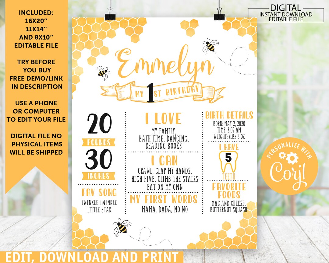 Editable Bee Milestone Poster Printable Honeycomb First Birthday Sign ...