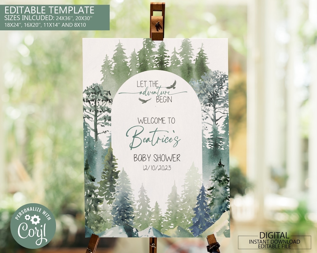Editable Let the Adventure Begin Baby Shower Welcome Sign, Woodland ...