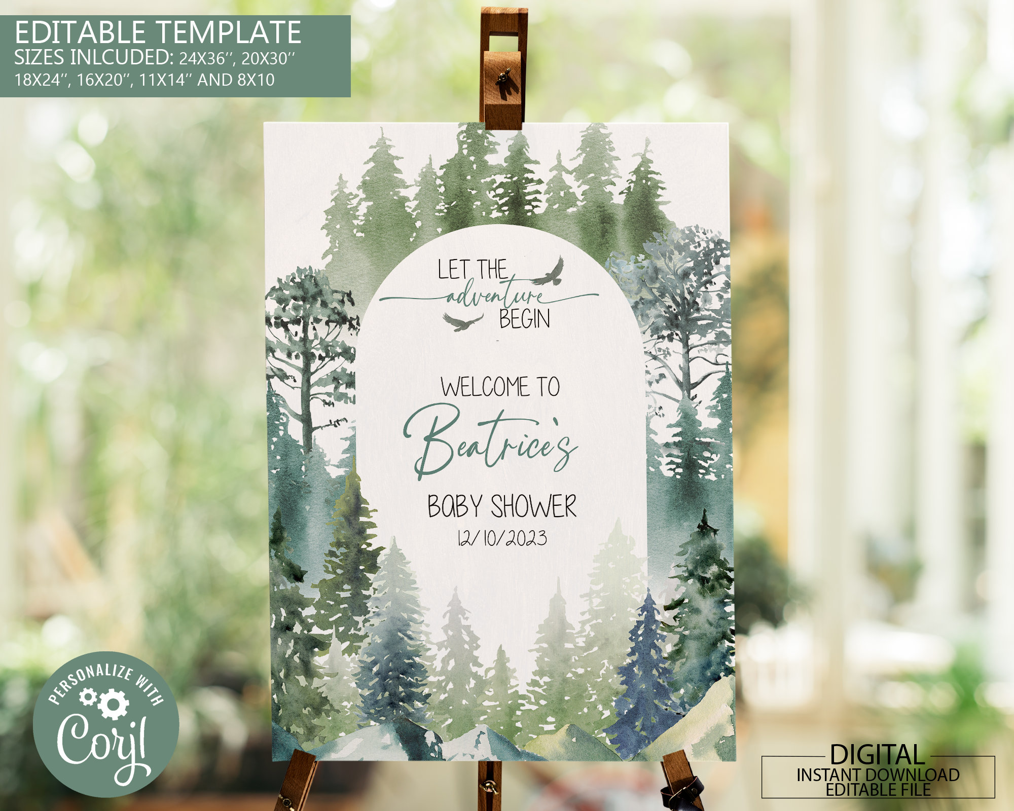 Editable Let the Adventure Begin Baby Shower Welcome Sign, Woodland ...